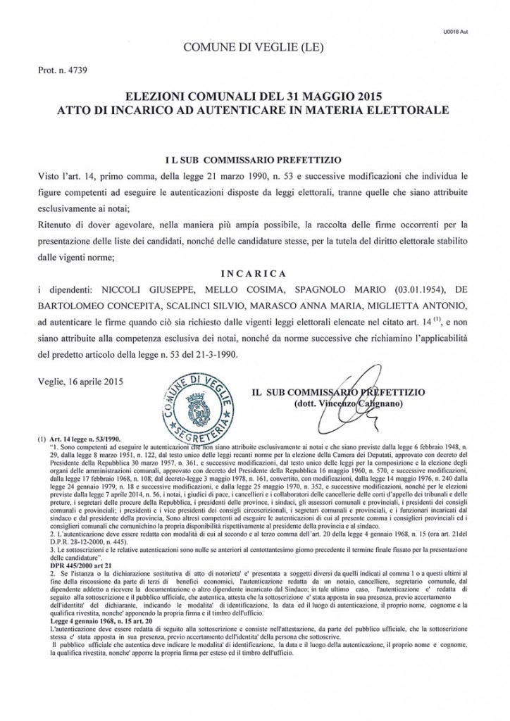 AUTENTICAZIONE FIRME CANDIDATI ELEZIONI 2015 - VeglieNews - Veglie nel ...